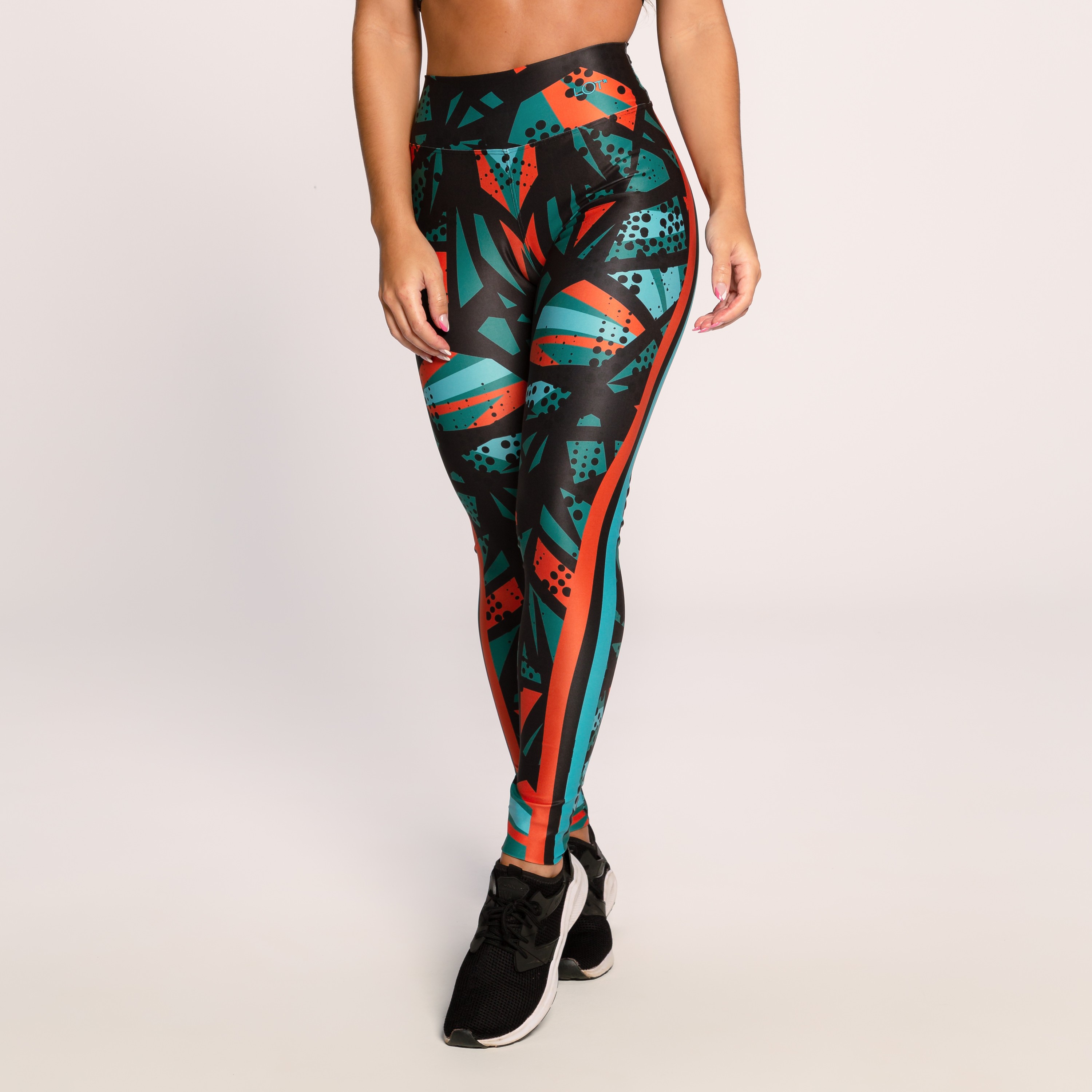 Calça Legging Suplex Estampado Preto Verde e Laranja Abstrata - Lot Fitness