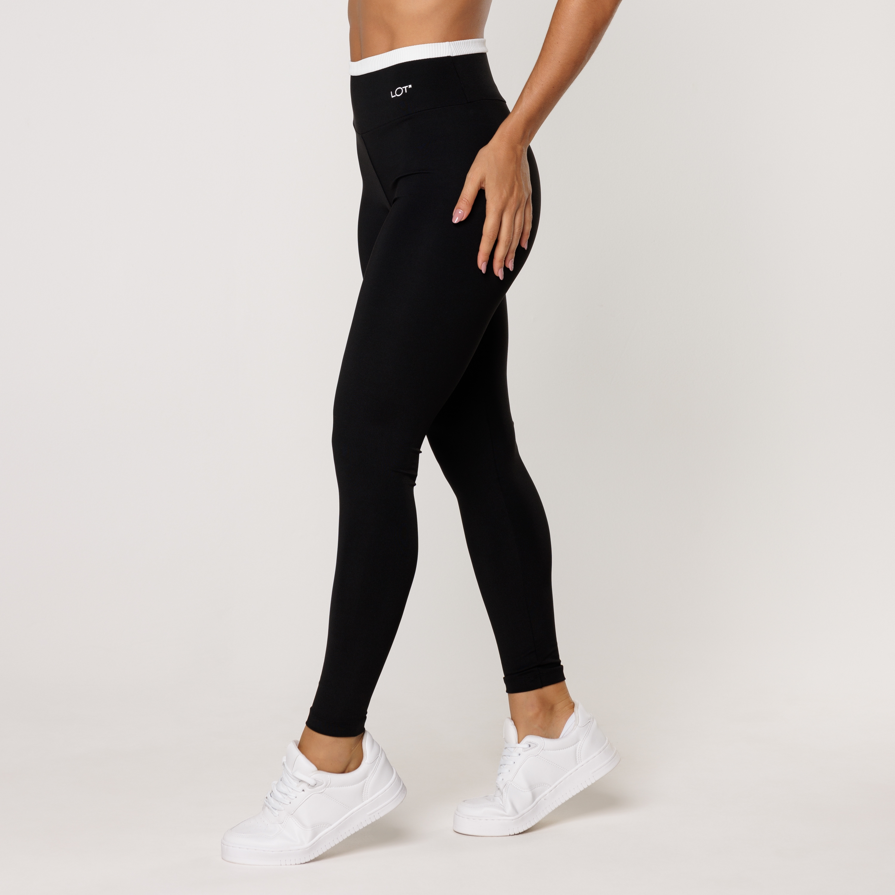 Calça Legging Preta com cós Off White Fitness Poliamida - Lot Fitness