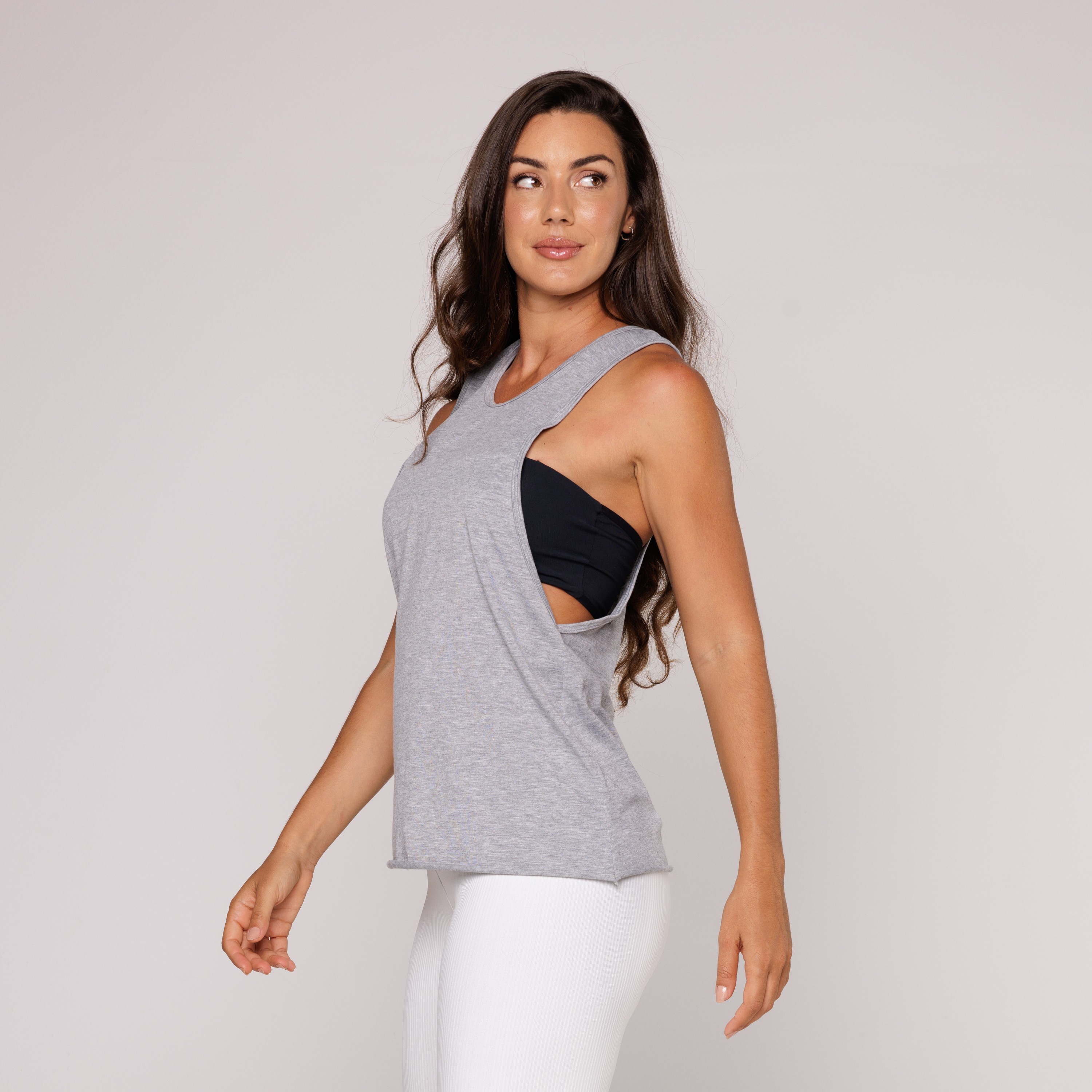 Regata Estampada Cavada Viscolycra Cinza Mescla Feminina Academia - Lot ...